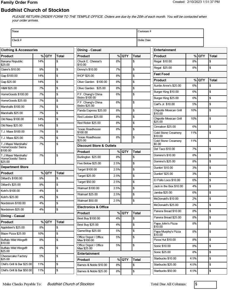 Script Order Form – Buddhist Church of Stockton