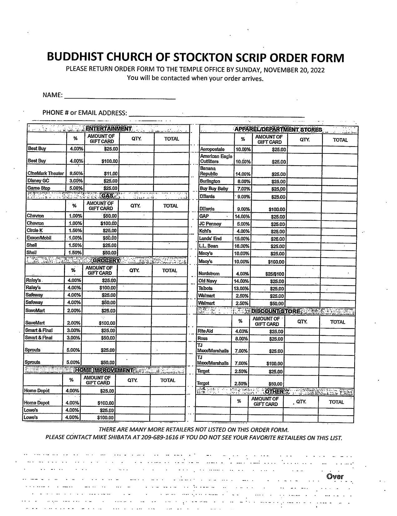 Script Order Form – Buddhist Church of Stockton